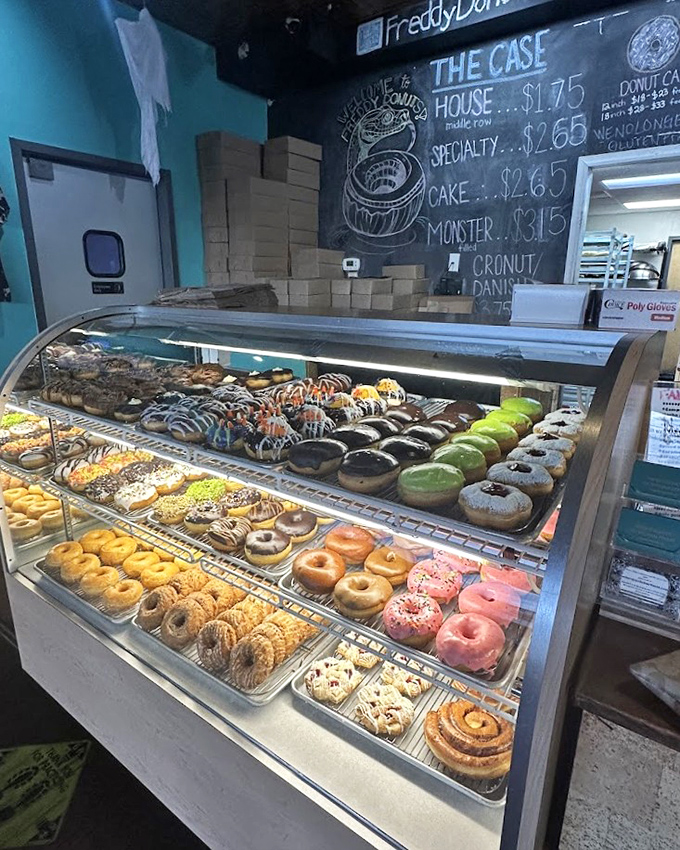 The display case&mdash;a museum of possibility where donut dreams come true. Each row offers a different path to happiness, no admission fee required.