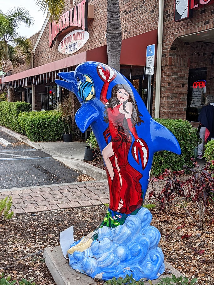 Even the dolphin statue knows this is the catch of the day, every day, no fishing required.