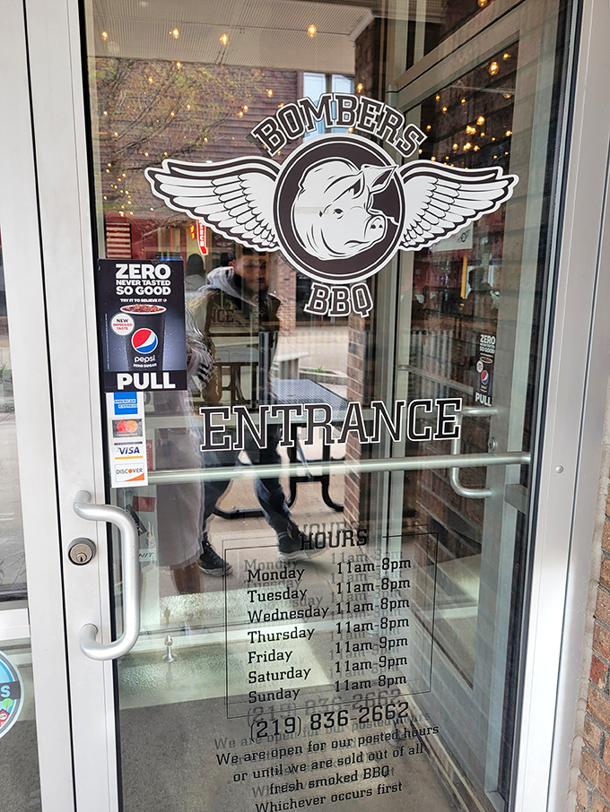 The entrance &ndash; where that flying pig logo reminds us that when barbecue is this good, anything is possible. Even pigs might fly.