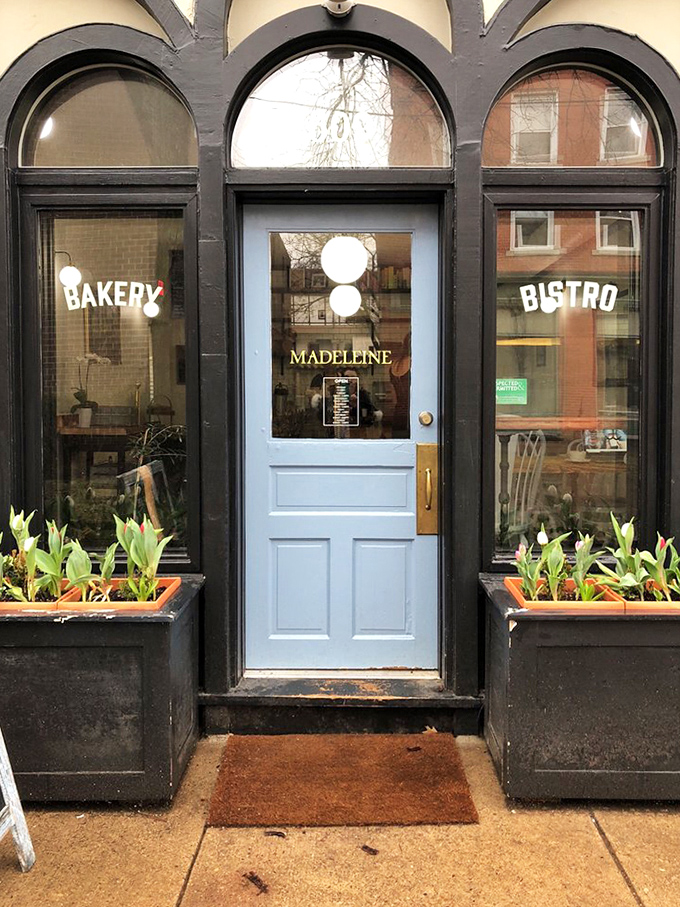 The pale blue door between "BAKERY" and "BISTRO" isn't just an entrance&mdash;it's a portal to a world where butter is sacred and patience is rewarded.