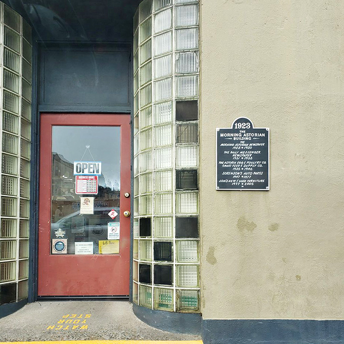 The entrance to the 1923 Morning Astorian Building&mdash;where yesterday's news became today's treasure trove of antiquing adventures.