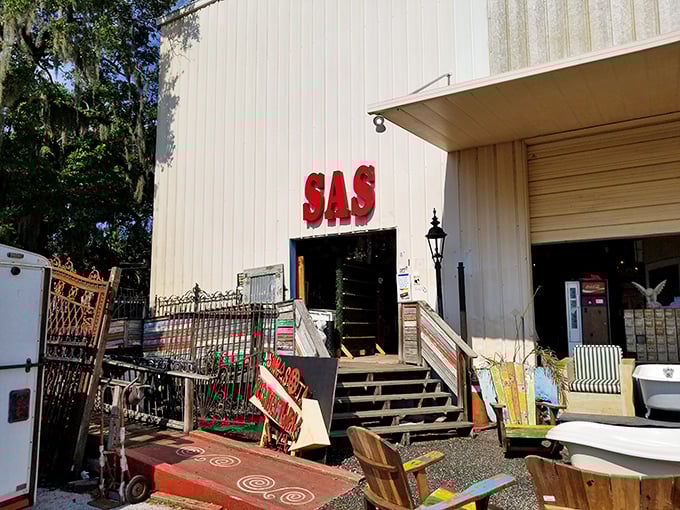 The entrance beckons like a portal to treasure island, where X marks the spot for incredible finds.