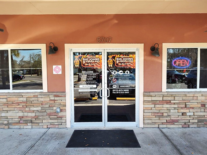 Welcome signs promise good times ahead, while that neon "OPEN" sign glows like a beacon for barbecue believers.