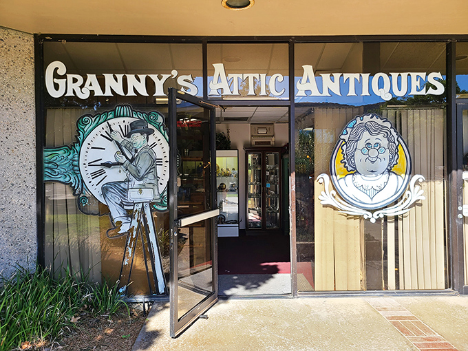 The storefront window promises adventures in antiquing, with a charming granny logo that says it all.