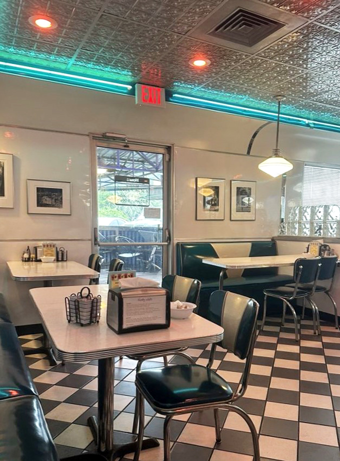 The interior's soft glow invites you to linger just a little longer. One more cup of coffee, one more slice of pie &ndash; why rush?