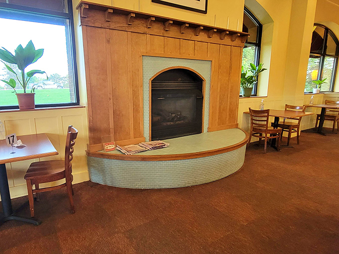 A fireplace that says, "Stay for another slice." Michigan winters don't stand a chance against this cozy corner.