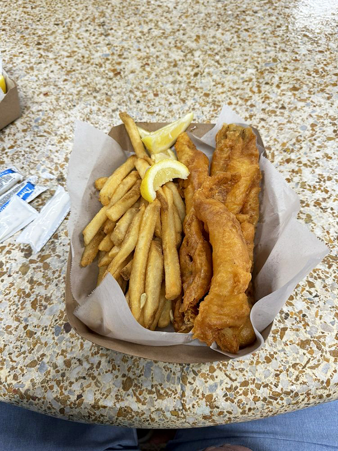 Fish and chips that would make the British weep with joy. Golden, crispy, and requiring absolutely no passport to enjoy.