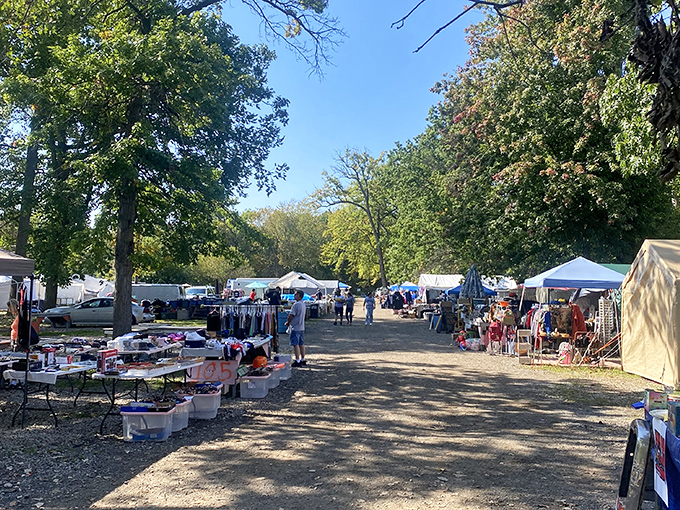 Vendor tents stretching into the distance. The market's sprawling layout ensures you'll hit your step count goal while hunting treasures.