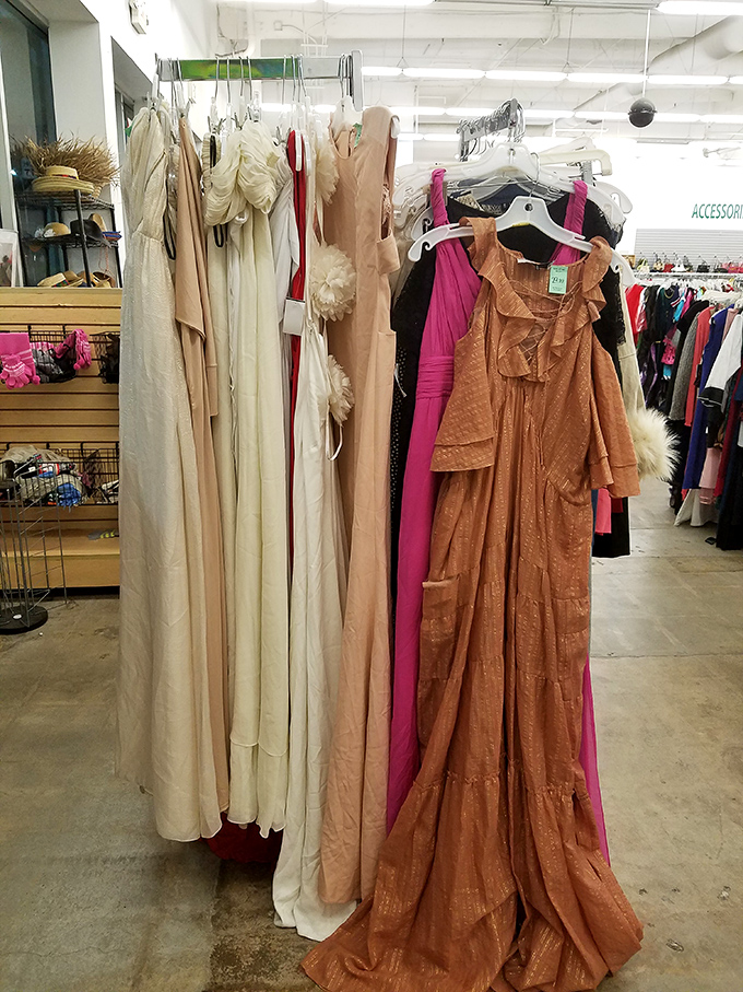 Formal gowns stand at attention, their pastel and coral hues dreaming of second chances at proms, weddings, and grand entrances.