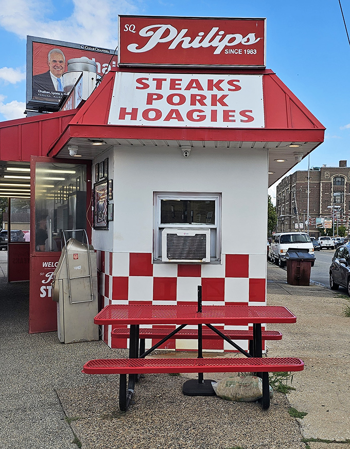 A lone picnic table outside offers the perfect perch for the sacred ritual of devouring your sandwich before it cools.
