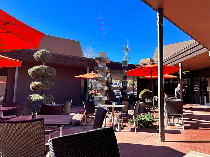 Outdoor seating under Sedona's famous blue sky makes every meal feel like a special occasion. Those orange umbrellas add just the right splash of color.