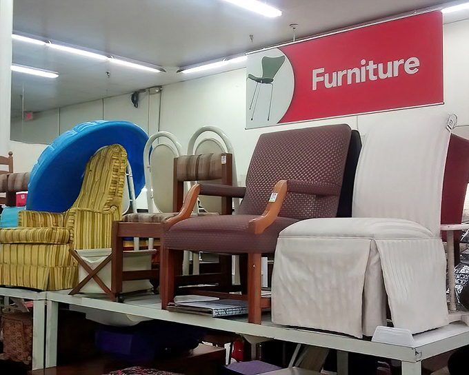 Furniture island—where retired recliners and abandoned armchairs dream of new living rooms to call home. That striped chair has stories to tell.