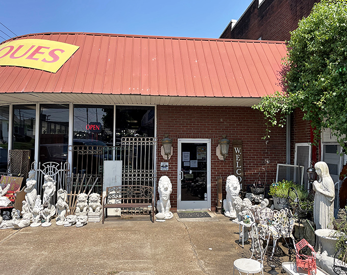 Garden guardians stand sentinel outside the entrance, promising to watch over your perennials with the same stoic expression for decades.