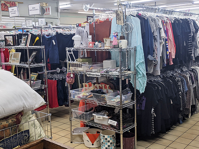 Clothing racks organized by size and type &ndash; a rare luxury in thrift store shopping that makes finding your style both possible and pleasant.