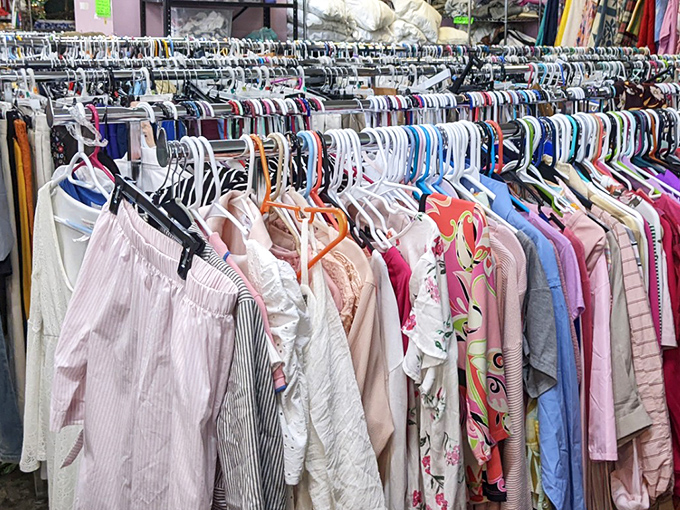 The clothing racks stretch toward infinity, a textile rainbow of possibilities. Your next favorite outfit is hiding somewhere in this pastel parade.