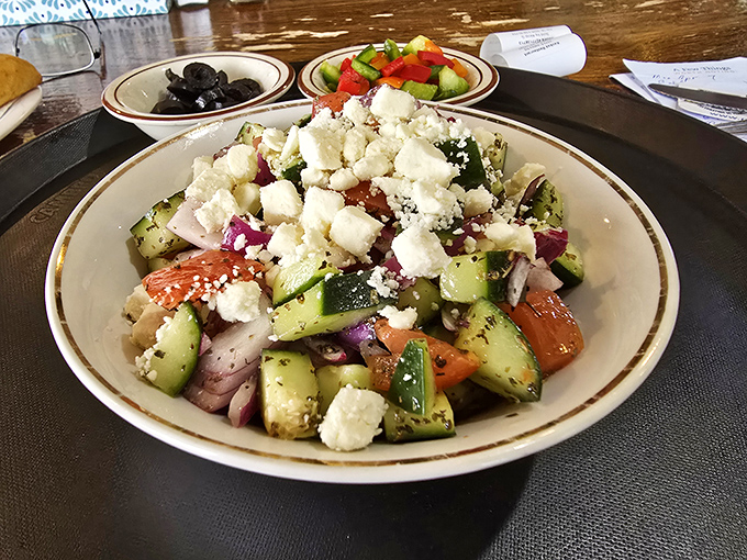 A Greek salad that's a festival of freshness&mdash;crisp vegetables and feta cheese playing together in perfect harmony.