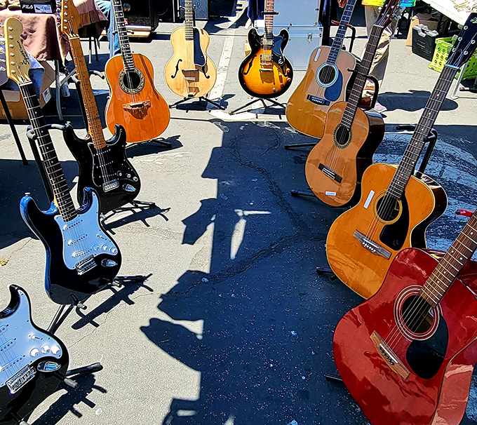 Six-string heaven under the Oakland sky! This impromptu guitar gallery showcases everything from beach-ready acoustics to rock-star-worthy electrics, each with songs waiting to be played.