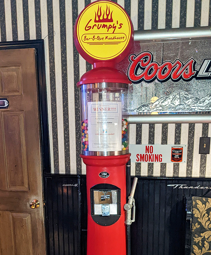 Even the gumball machine wears Grumpy's colors proudly. In a place dedicated to slow-cooked perfection, it's a whimsical nod to instant gratification.
