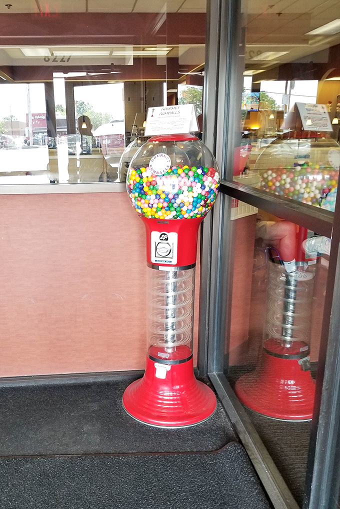 A gumball machine stands sentinel by the door&mdash;a sweet farewell or welcome, depending on which direction you're heading.