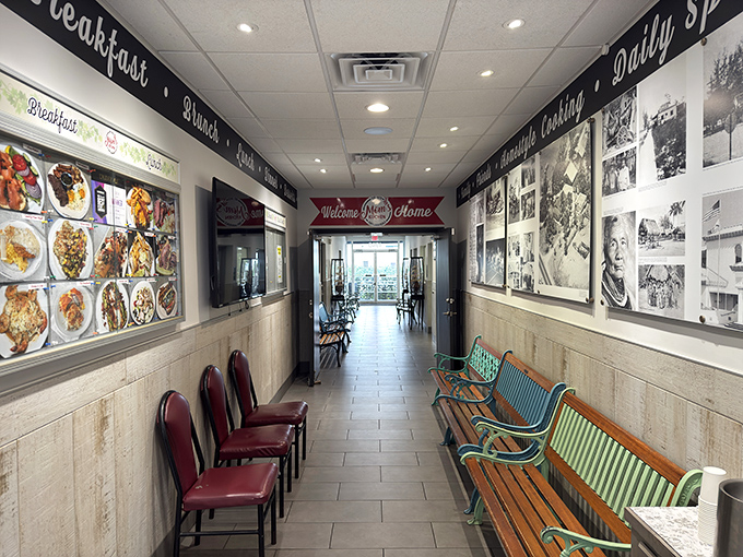 The hallway of anticipation, where food photos taunt you and historical images remind you of simpler, hungrier times.