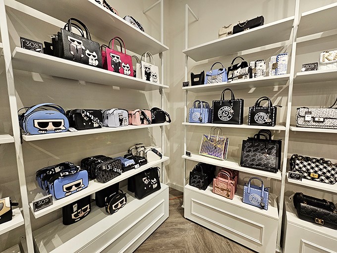 Designer handbag heaven arranged with museum-like precision. Your credit card may whimper, but even at outlet prices, these are still "investment pieces."