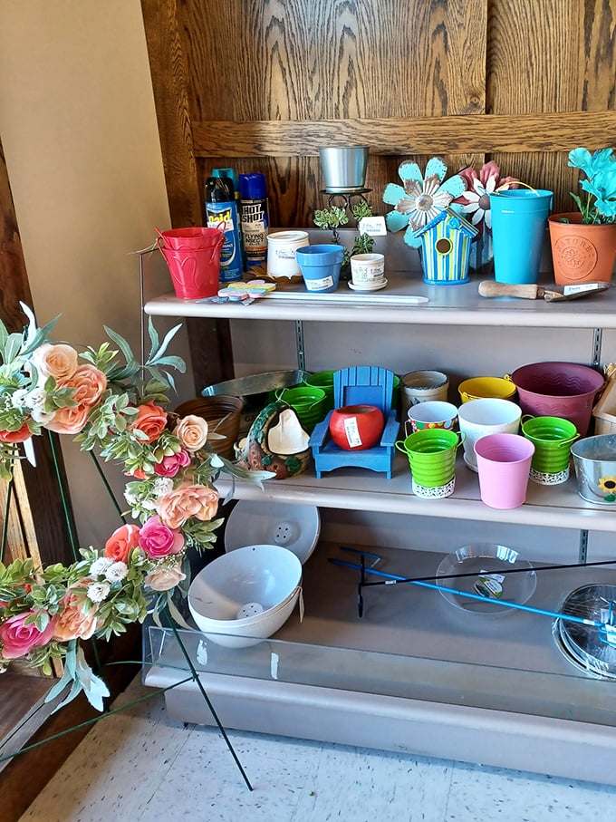 Garden decor and colorful planters await green thumbs on a budget&mdash;spring dreams blossom year-round in this cheerful corner.