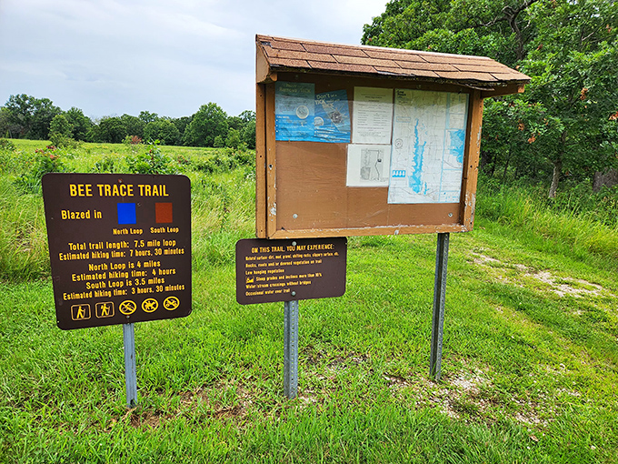 The Bee Trace Trail sign&mdash;where adventure begins and cell phone reception ends. Your legs will curse you, but your soul will say thanks.
