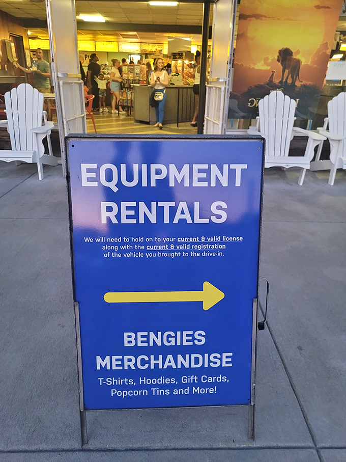 The equipment rental sign&mdash;because some traditions require proper tools, and Bengies ensures you're properly equipped for the experience.