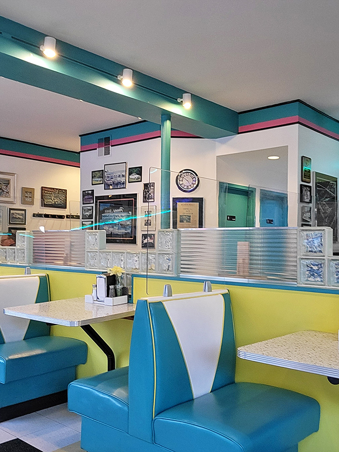 Yellow walls and turquoise accents create the perfect backdrop for breakfast conversations. This isn't decoration&mdash;it's time travel.