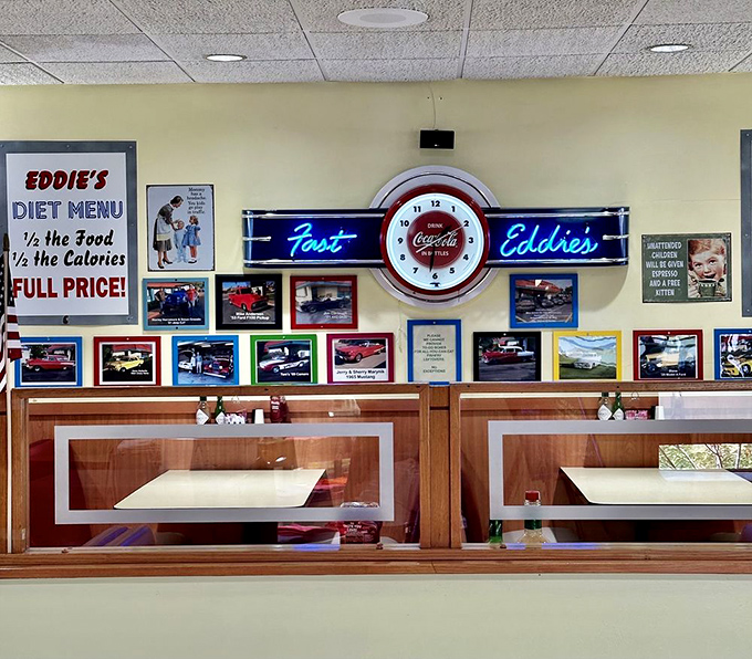 That neon clock isn't just telling time&mdash;it's reminding you that at Fast Eddie's, some things thankfully never change, including the quality of the food.