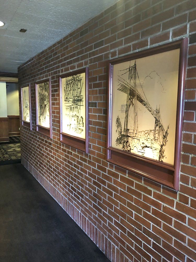 Portland landmarks illustrated on brick&mdash;a gallery where art meets appetite. These walls could tell stories if they weren't busy absorbing steak aromas.