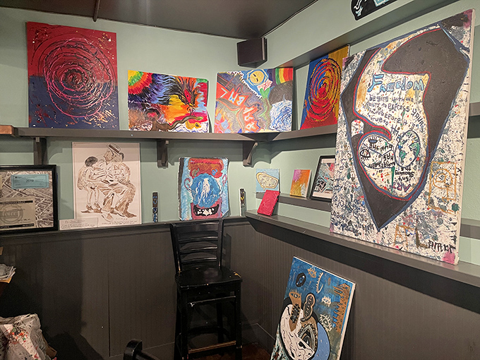 Local artwork adorns the walls, creating a gallery atmosphere where breakfast becomes both sustenance and cultural experience.