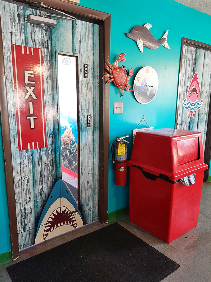 Even the exit is on theme&mdash;when was the last time a restaurant's doorway made you smile? The shark seems to be saying "come back soon!"