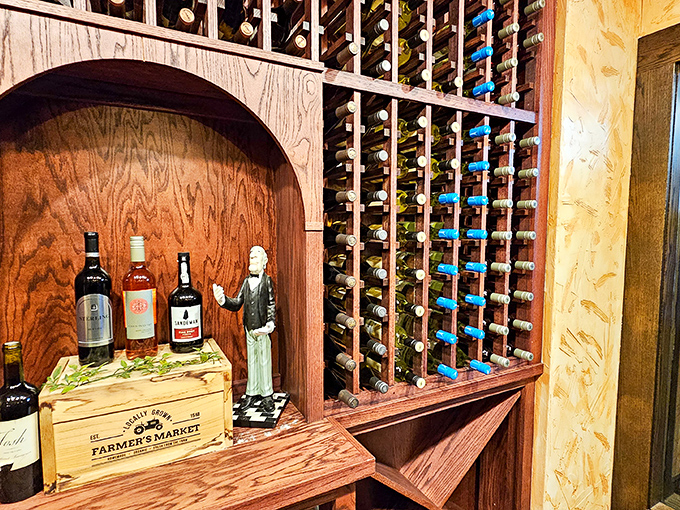 The wine display suggests someone takes their vino seriously, despite the playful atmosphere elsewhere. A quiet corner where grape meets grain in perfect harmony.