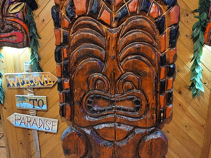 Welcome to Paradise isn't just a sign&mdash;it's a promise. This tiki guardian's expression perfectly captures how you'll look after your third crab rangoon.