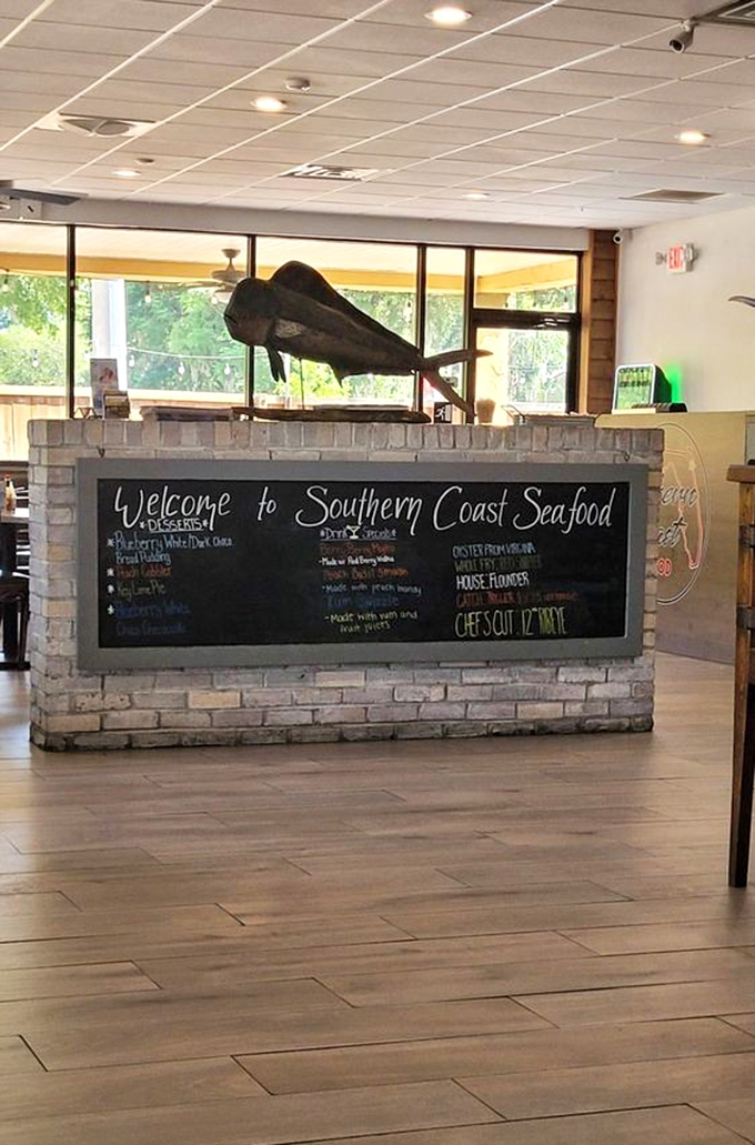 The welcome desk doubles as a mission statement &ndash; a stone and chalkboard declaration that fresh seafood is serious business here.