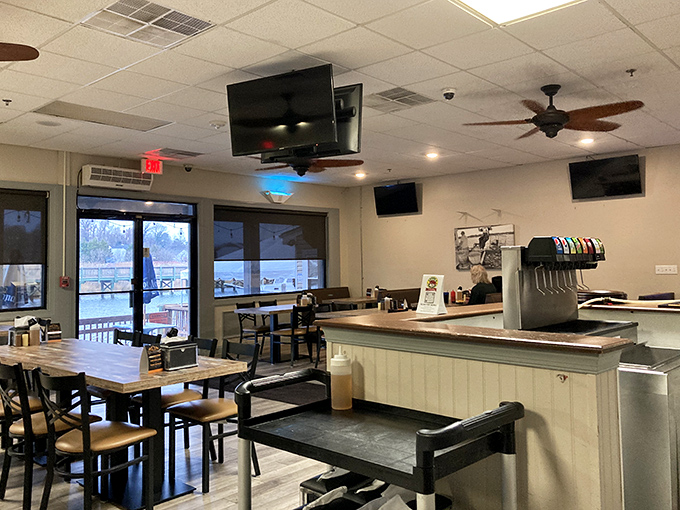 Another angle of Abner's casual dining room, where seafood dreams come true. Those windows frame views that remind you where your meal originated.