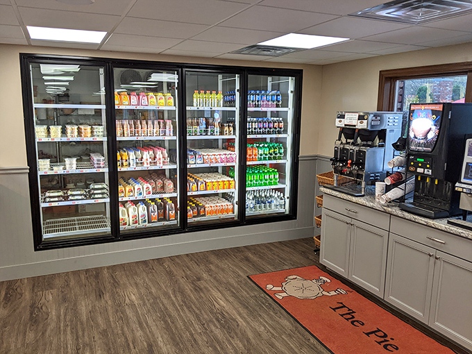 The beverage corner—because after selecting the perfect pie, you need something to wash down the inevitable "just one more bite" you'll take.