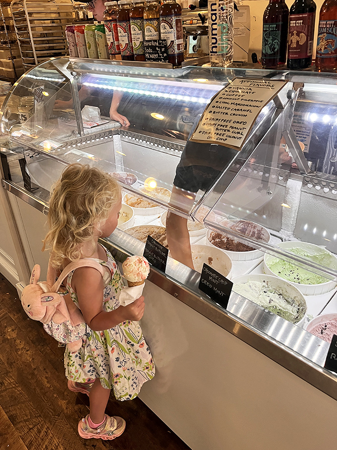 Childhood wonder meets gelato perfection as tiny hands clutch stuffed companions while making life's most important decisions.