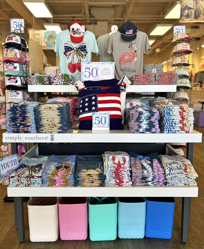 Simply Southern's display of peak Georgia fashion. Nothing says "sweet tea and sunshine" quite like flamingo t-shirts and patriotic sweaters.