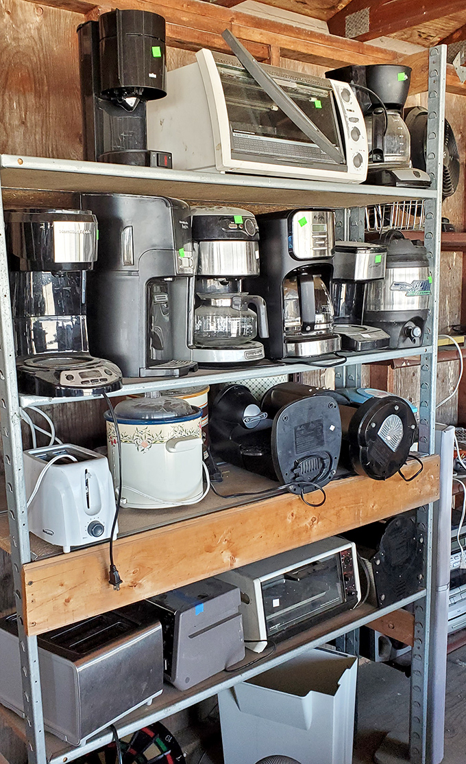 Coffee makers and toaster ovens stand at attention, ready for their next kitchen assignment.