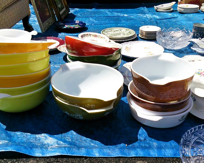 Pyrex paradise! Those harvest gold and avocado bowls aren't just vintage kitchenware—they're time machines to Grandma's Sunday dinners and holiday feasts.