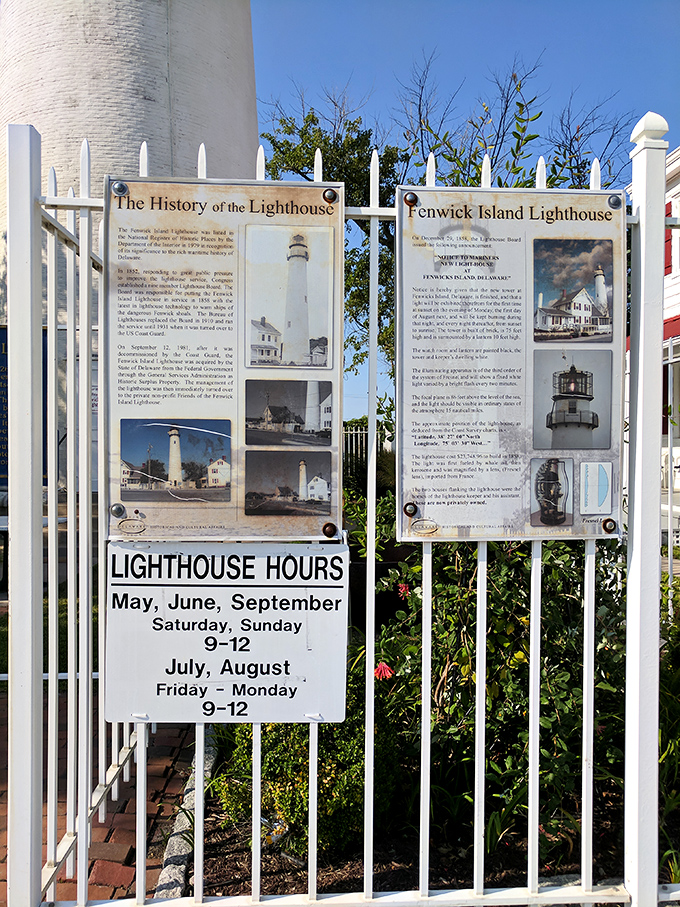 The information boards reveal the lighthouse's opening hours &ndash; because even historical landmarks need their beauty rest.