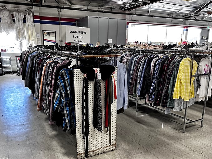 Button-down boulevard, where office attire and weekend wear hang side by side in perfect, color-coded harmony.