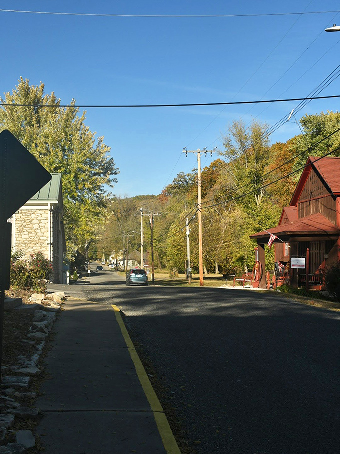 Golden hour in Elsah transforms an ordinary street into a pathway through time, shadows lengthening across history's stage.