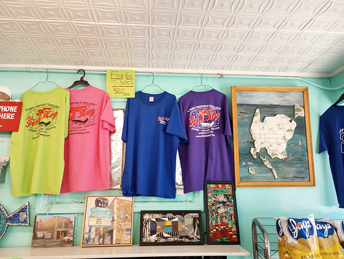 Colorful Fish Keg t-shirts hang like trophies &ndash; wear one and join the club of those who know where Chicago's best seafood hides.