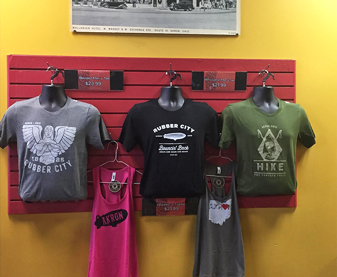 Akron pride on display with "Rubber City" merchandise&mdash;because nothing says "I love this town" like wearing your breakfast spot's t-shirt.