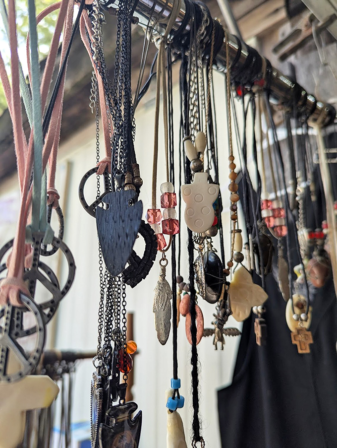 Dangling possibilities! These handcrafted necklaces showcase everything from wooden pendants to tiny crosses&mdash;wearable art waiting for the right neck.