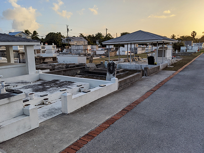 Sunset casts long shadows across the cemetery's weathered tombs, turning an ordinary evening into a hauntingly beautiful light show.