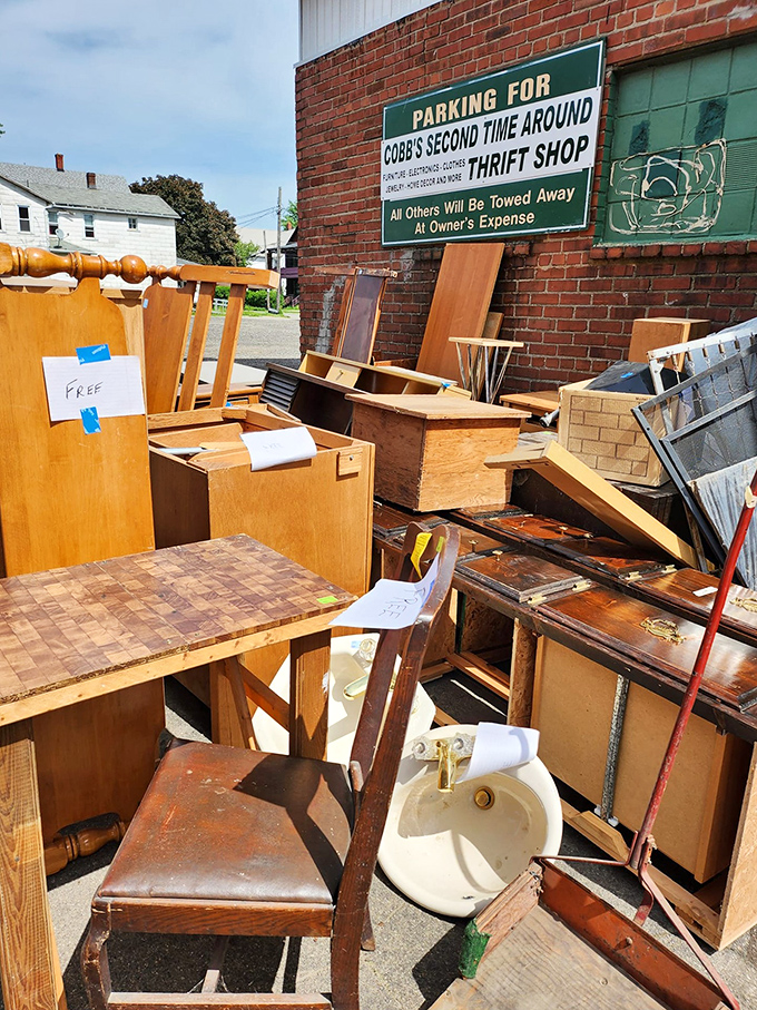 The "FREE" section outside&mdash;where budget-conscious DIYers see potential masterpieces where others see castoffs. One person's trash indeed!